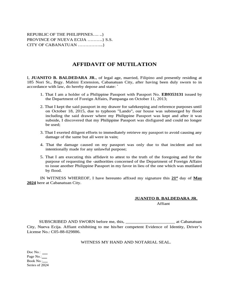 Affidavit of Passport Mutilation | PDF