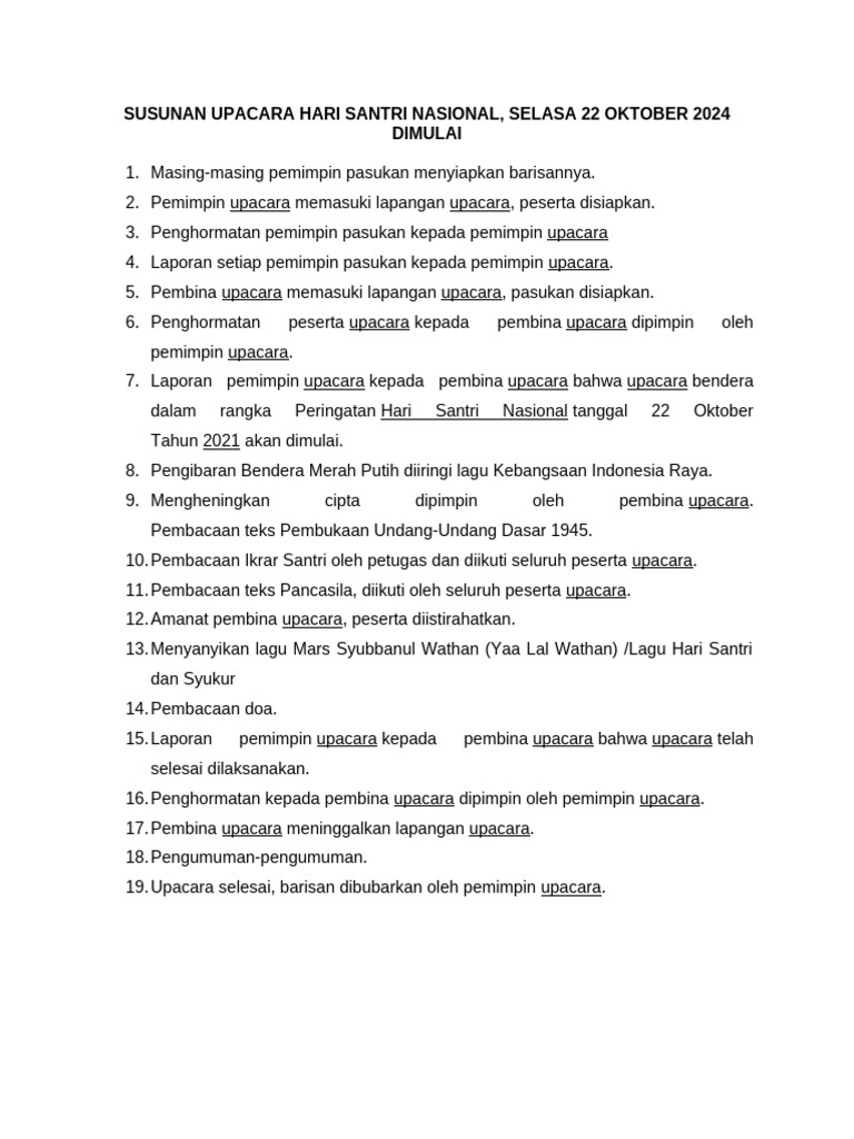 Susunan Upacara Hari Santri Nasional | PDF
