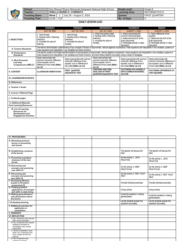 Daily Lesson Log | PDF | Polynomial | Equations