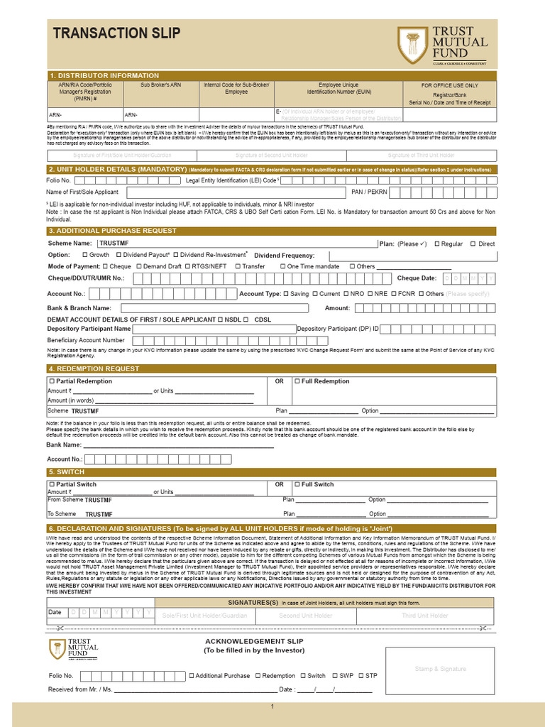 Trust Mutual Fund Transaction Slip | PDF | Mutual Funds | Banks