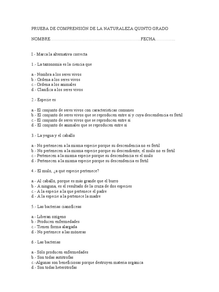Test de Ciencias Naturales para Quinto Grado | PDF | Protozoos | Algas