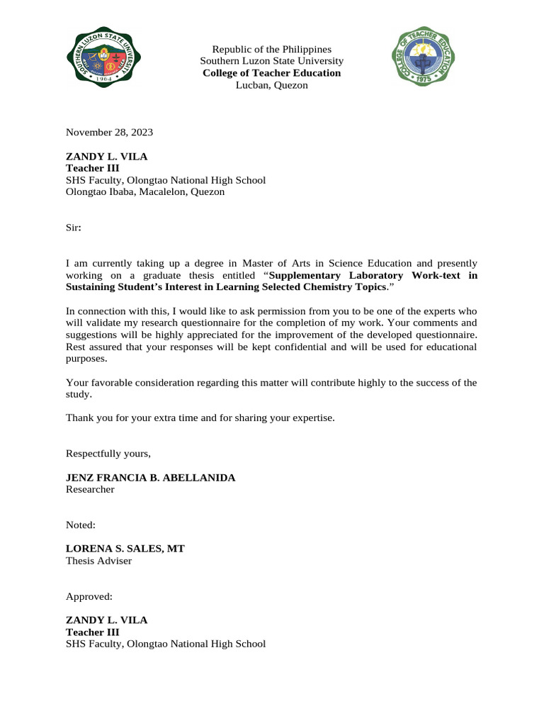 Letter For Validators Survey Questionnaire | PDF | Science