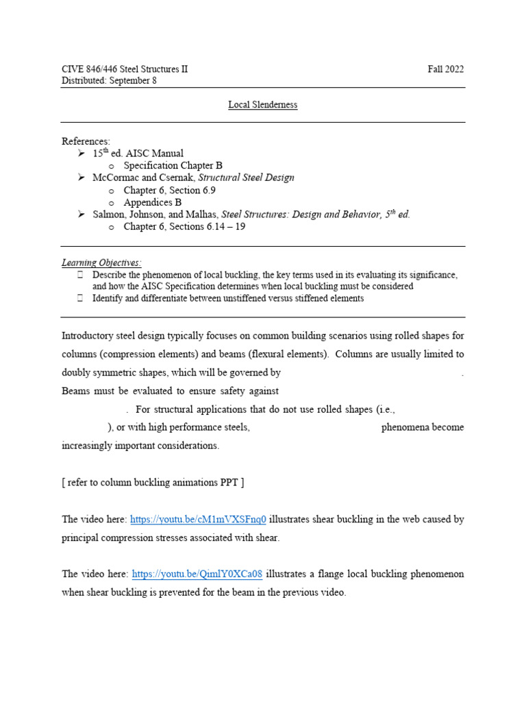 Local Slenderness - Fall 2022 - Student | PDF | Buckling | Strength Of ...