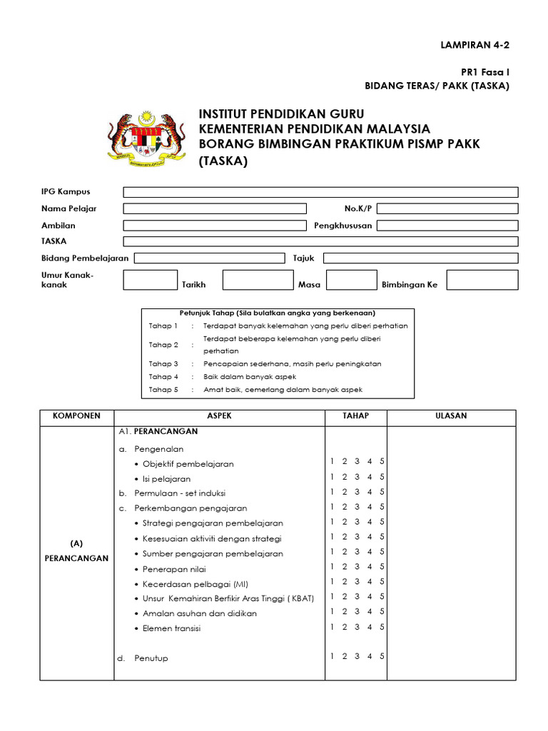 Borang PR Guru Pembimbing PAKK (Taska) | PDF