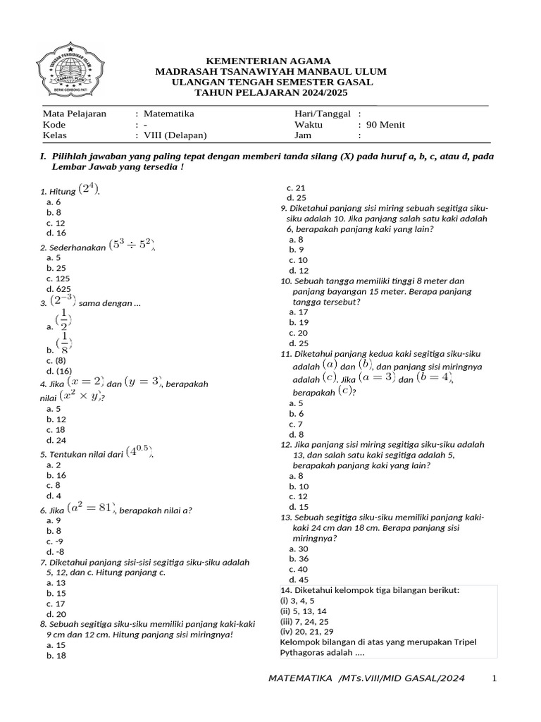 Soal MTK Kelas 8 Mid Gasal 2024 2025 | PDF