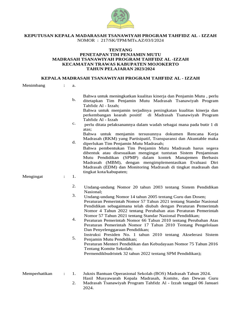 MjAyNDEyMTIzNTE2MDA4MXNrdHBt 075. SK Tim Penjamin Mutu 2024 | PDF