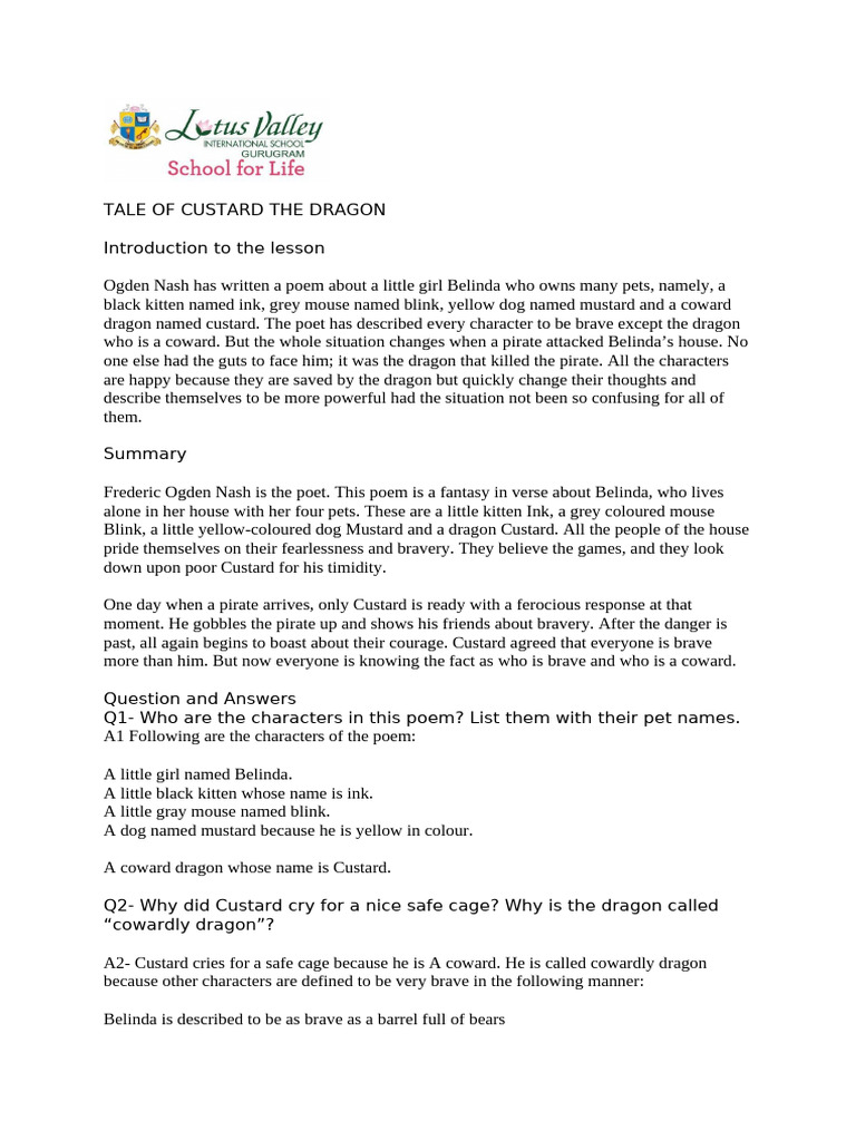 Custard the Cowardly Dragon Explained | PDF | Language Arts ...