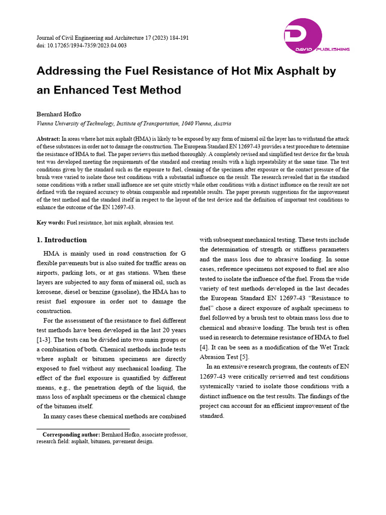 Addressing The Fuel Resistance Of Hot Mix Asphalt By An Enhanced Test Method Pdf Road