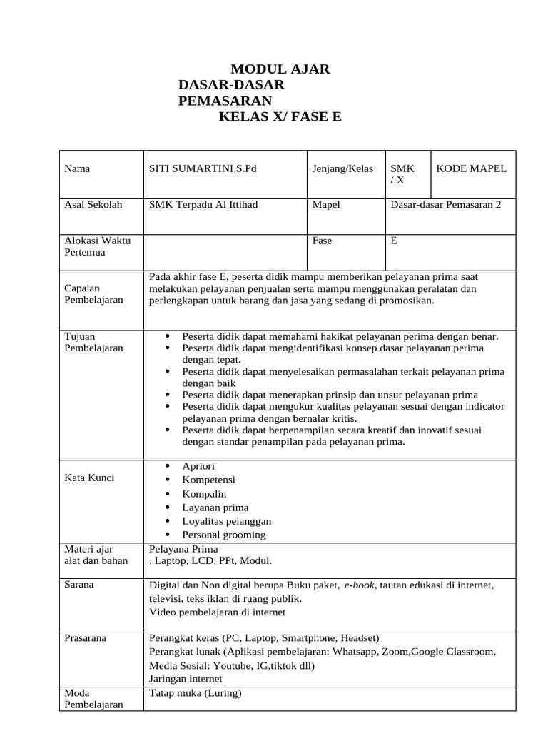 Modul Ajar Dasar Dasar Pemasaran | PDF