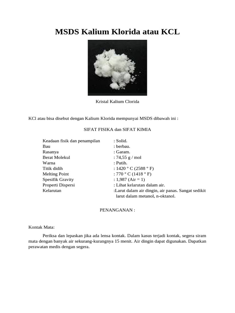 MSDS Kalium Klorida Atau KCL | PDF