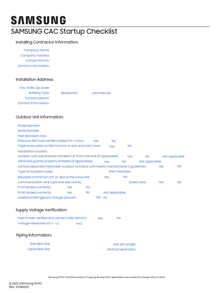 CAC+Startup+Checklist Rev07282022 | PDF | Thermostat | Mechanical ...