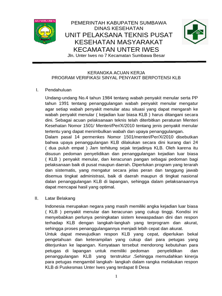 Verifikasi Sinyal Penyakit Berpotensi KLB 1 | PDF
