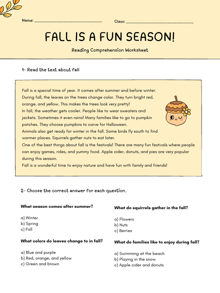 Fall Reading Comprehension Worksheet in Yellow and Brown Retro Groovy ...