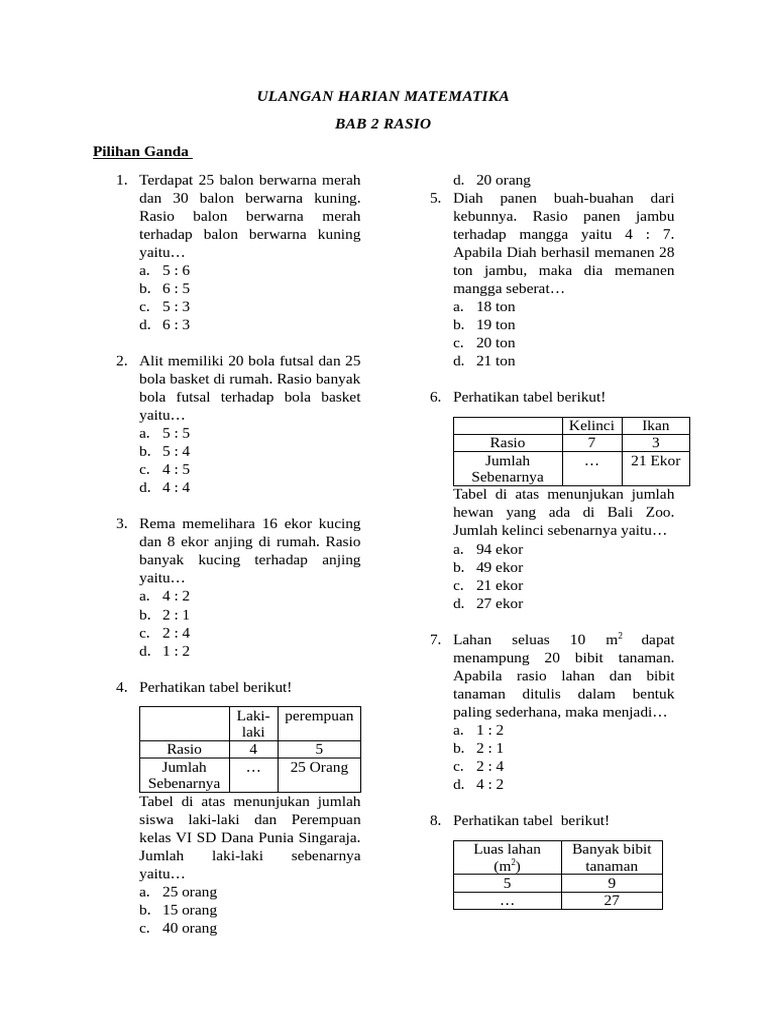 Ulangan Harian Matematika Bab 2 Rasio | PDF