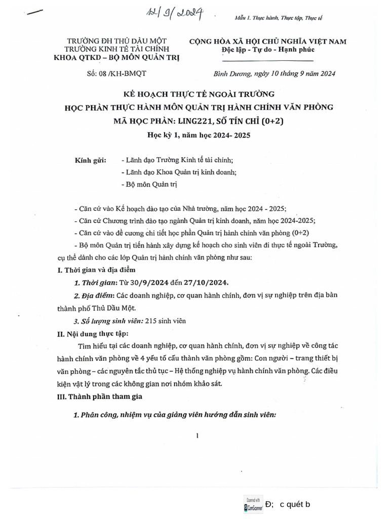 Kế hoạch đi thực tế môn QTHCVP 2024 | PDF