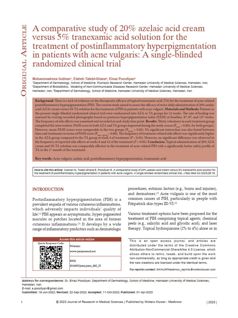 A Comparative Study of 20% Azelaic Acid Cream Versus 5% Tranexamic Acid ...
