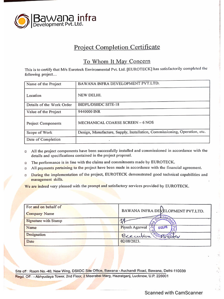 Bawana CETP Project Completion Certificate | PDF