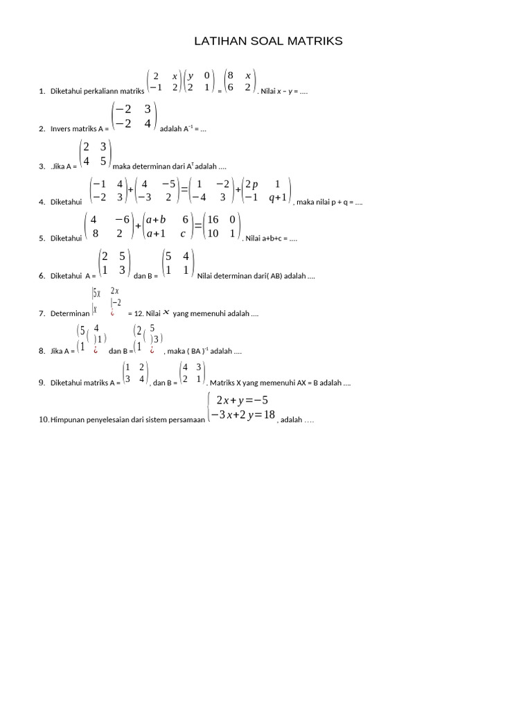 Latihan Soal Matriks Pra Ulangan 1-10 | PDF