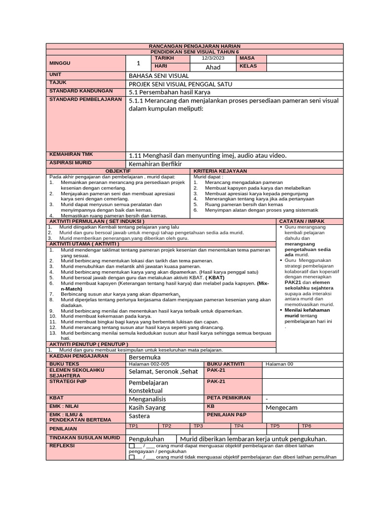 RPH Minggu 1 PSV THN 6 2023 by Cikgu Gorgeous | PDF