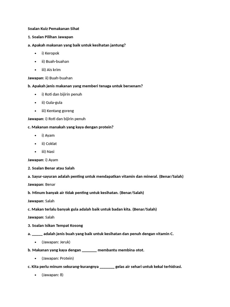 Kuiz Pemakanan Sihat untuk Pelajar | PDF | Memasak, Makanan, & Anggur ...