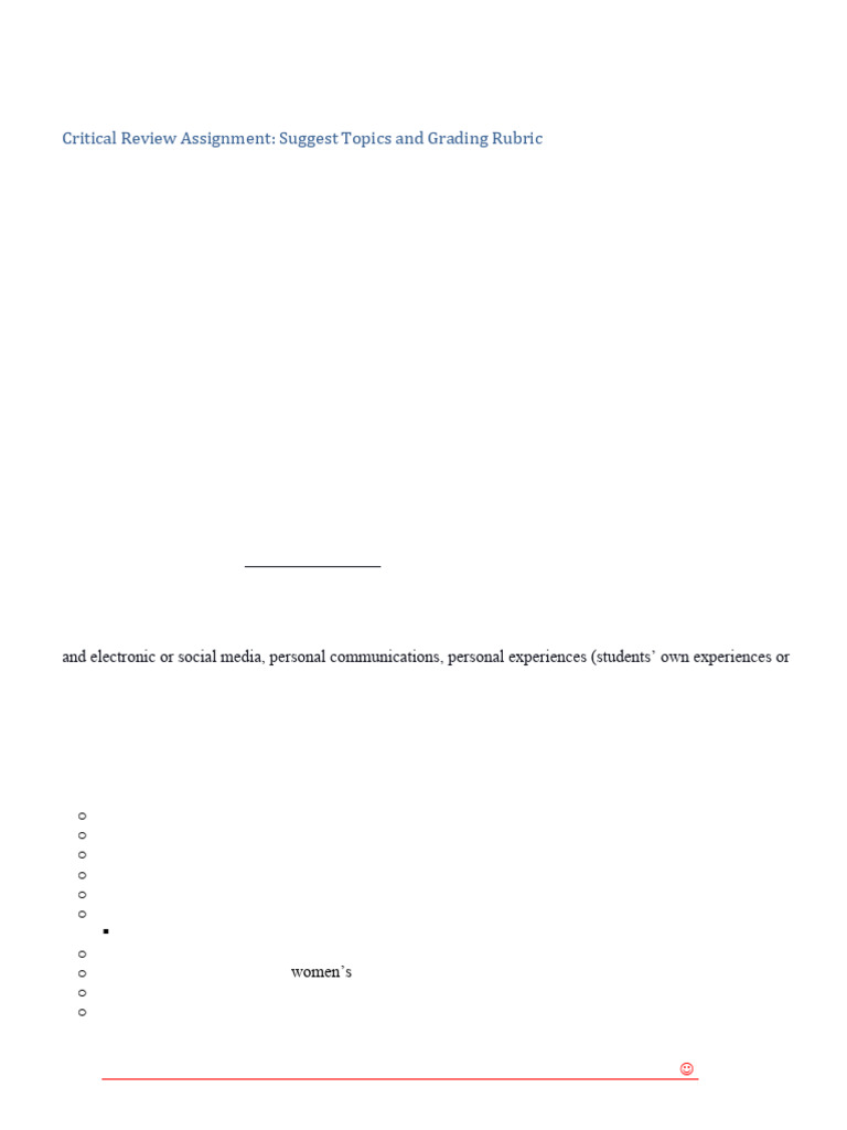 ANTH 210 AS95 Critical Review Assignment - Topics and Grading Rubric ...