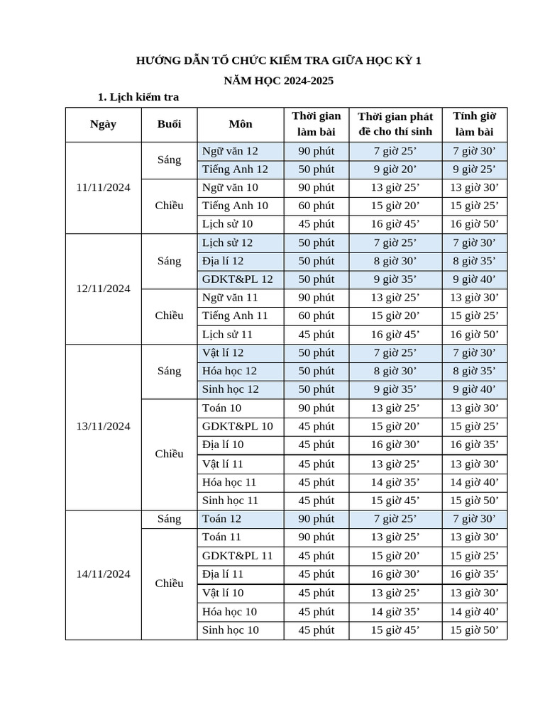 THPT - Lich Kiem Tra Giua Ky 1 | PDF