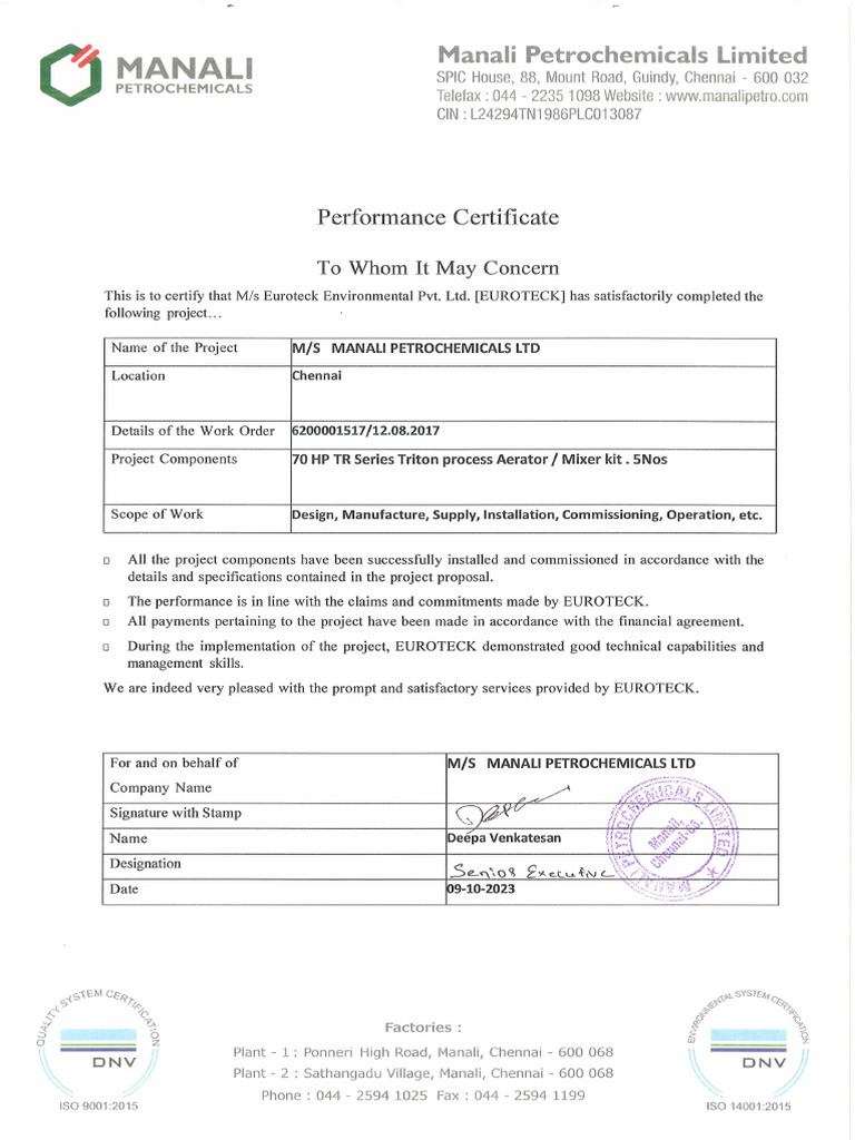 Manali Petro Performance Certificate | PDF