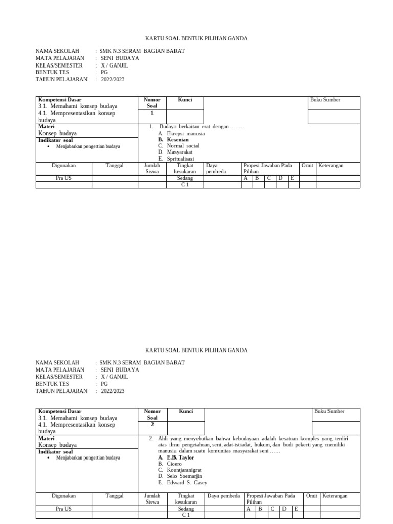Kartu Soal Seni Budaya KLS X (2022) Ganjil | PDF