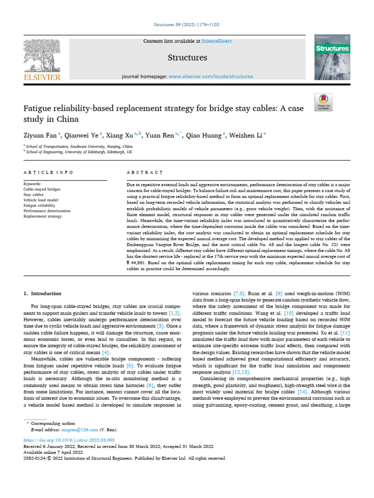 Fan Et Al. (2022) - Fatigue Reliability-Based Replacement Strategy For Bridge Stay Cables A Case ...