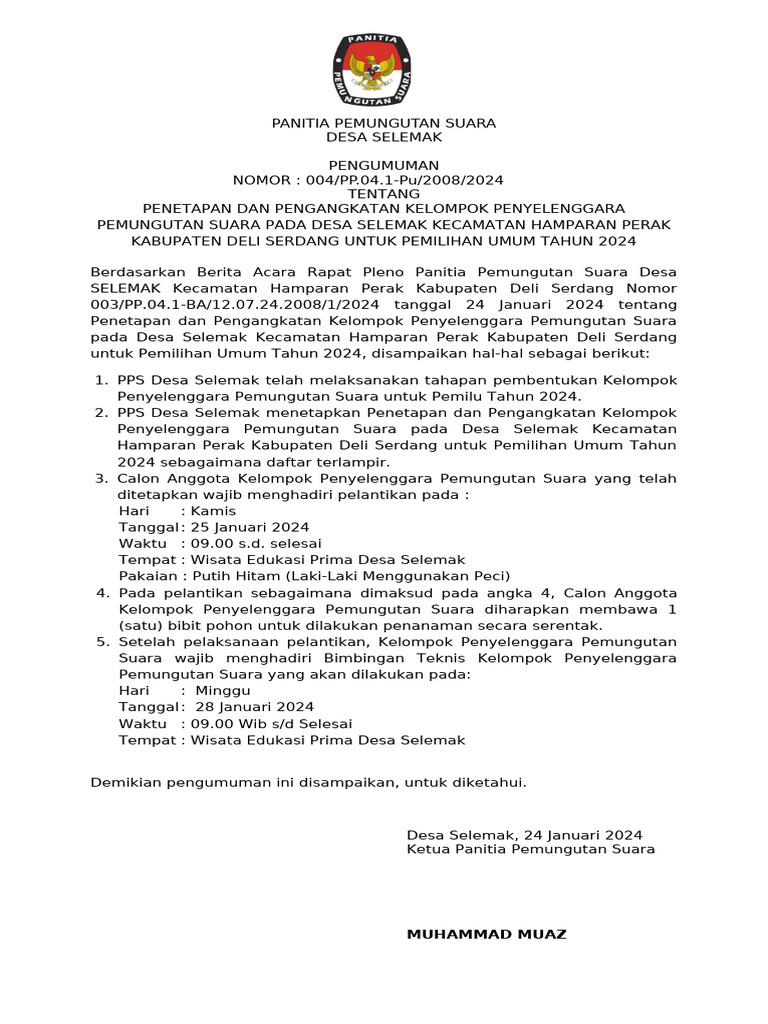 Format Pengumuman Pengangkatan KPPS | PDF