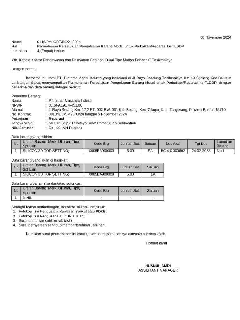 0446-PAI-GRT-BC-XI-2024 0013-IDC-SM23-XI-24 Sinar Masanda Industri | PDF | Hukum