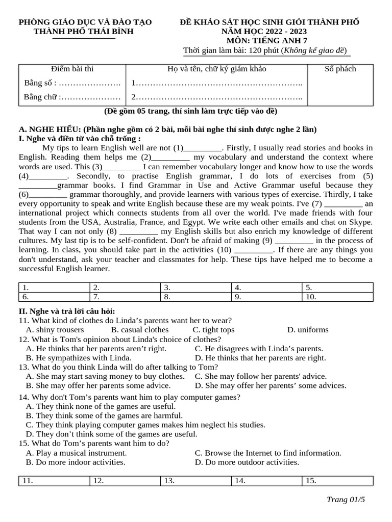 Đề HSG Anh 7 22-23 | PDF