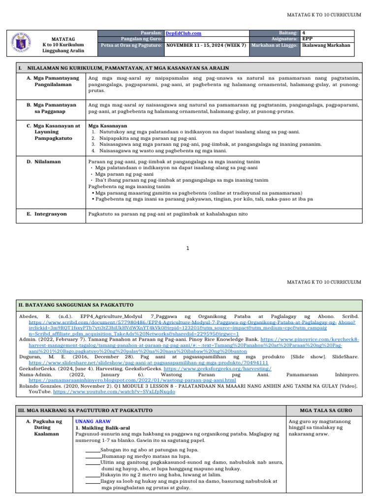 DLL Matatag - Epp 4 Q2 W7 | PDF