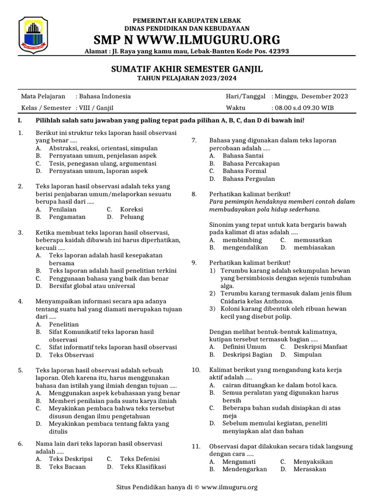 Soal SAS (1) Bhs Indonesia VIII | PDF | Kajian Bahasa Asing