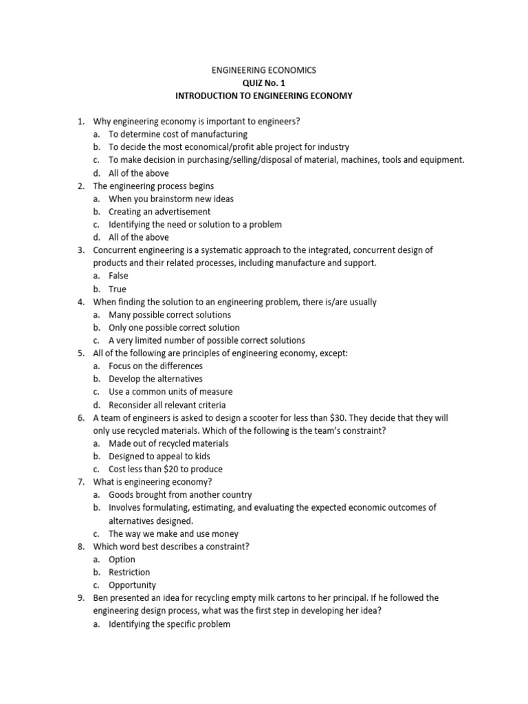 Quiz 1 - INTRODUCTION TO ENGINEERING ECONOMY | PDF | Engineering | Engineering Design Process