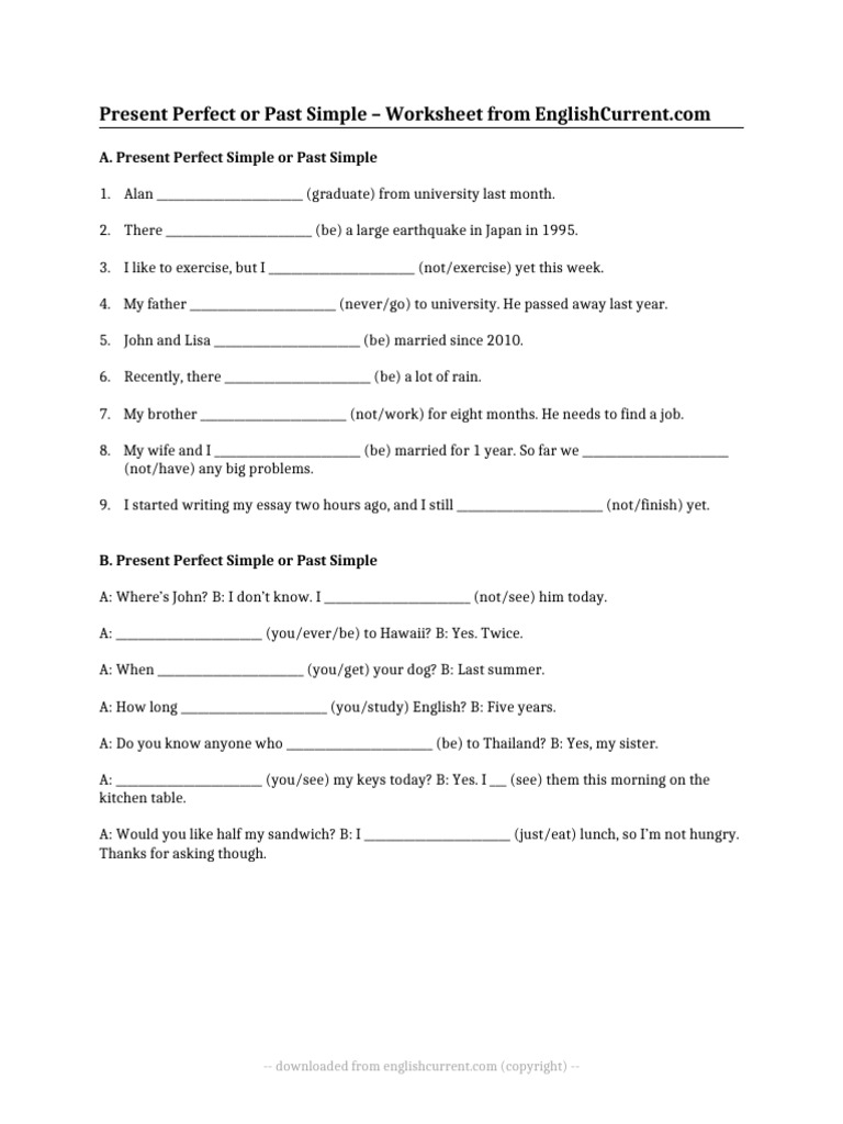 Present Perfect Past Simple Worksheet | PDF | Linguistics | Grammar