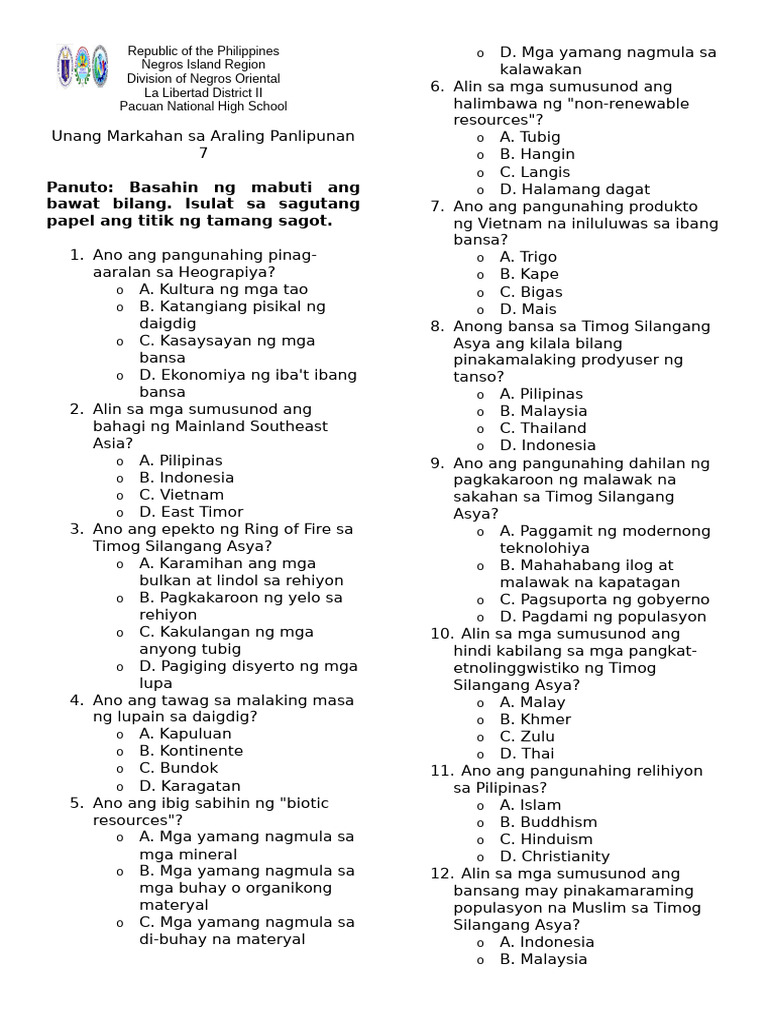 TQ For First Grading AP 7 Matatag Curriculum | PDF