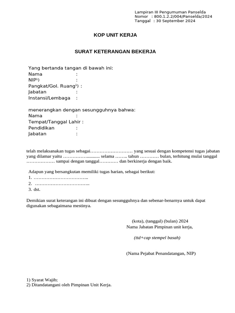 Lampiran III Format Surat Keterangan Kerja PPPK 2024 | PDF