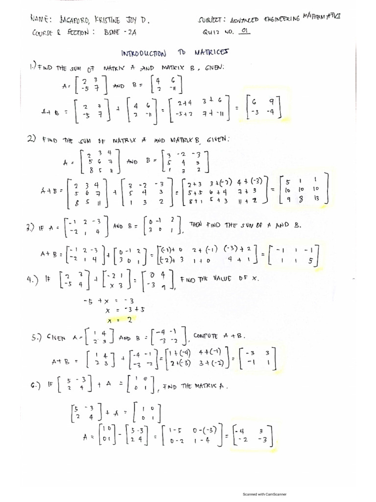 Advanced Engineering Mathematics (Quiz No. 1) | PDF