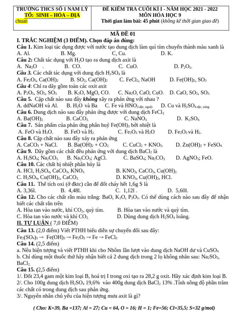 Đ.A HKI Hóa 9 | PDF