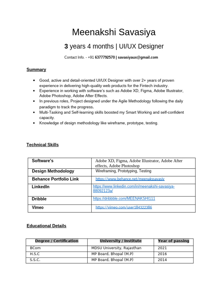 Resume Meenakshi Savasiya | PDF | Usability | Human Communication