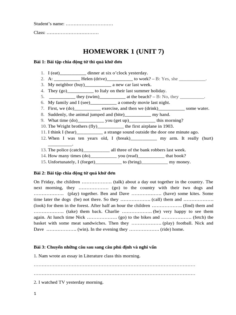 Homework Unit 7 (Remember When... ) | PDF