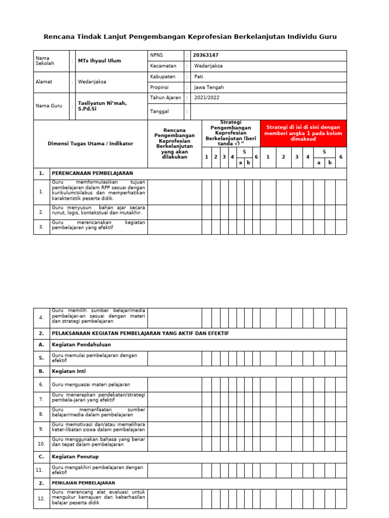 Rencana Tindak Lanjut Pengembangan Keprofesian Berkelanjutan Individu Guru | PDF | Karier ...