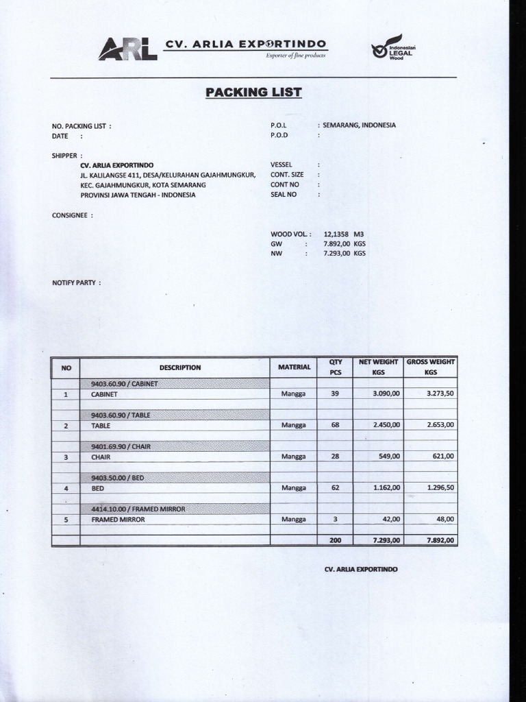 Contoh Packinglist | PDF