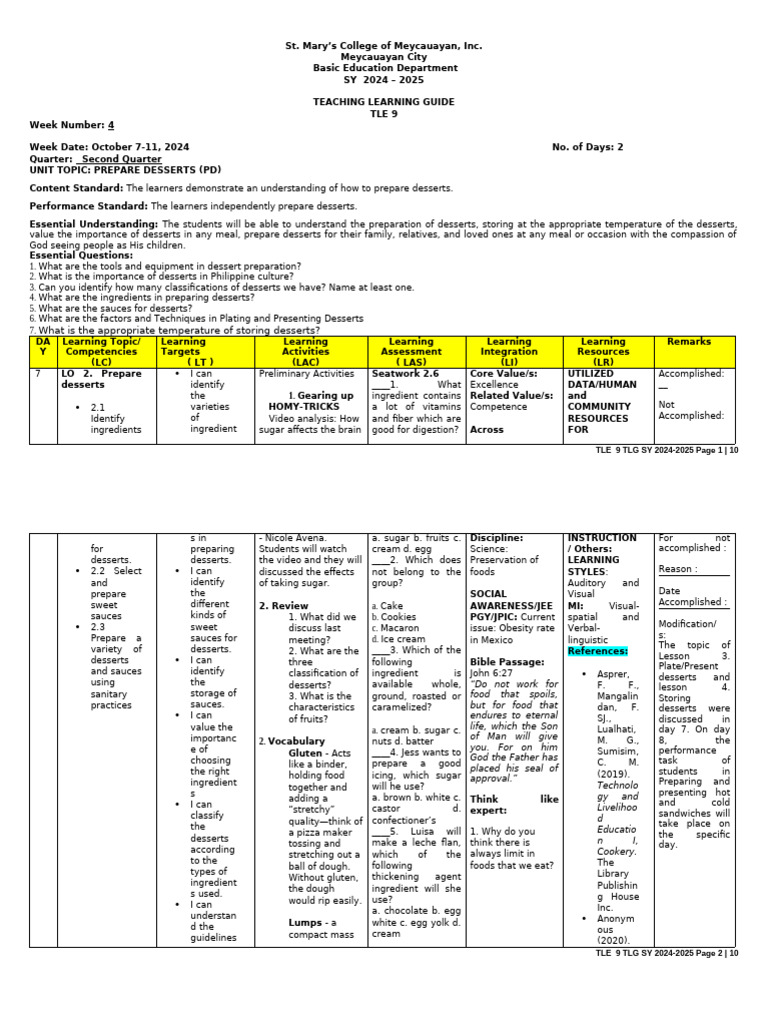 OK-PRIN-TLE G9 Q2 Week4 24-25 | PDF | Custard | Foods
