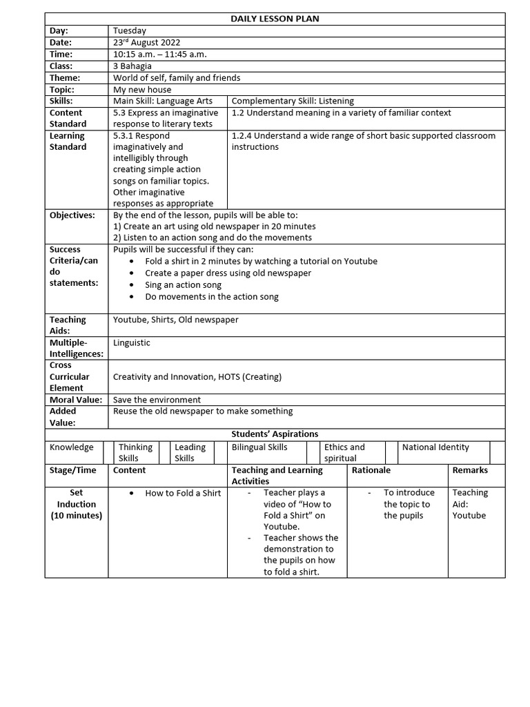 DAILY LESSON PLAN 23.8 | PDF | Lesson Plan | Liberal Arts Education