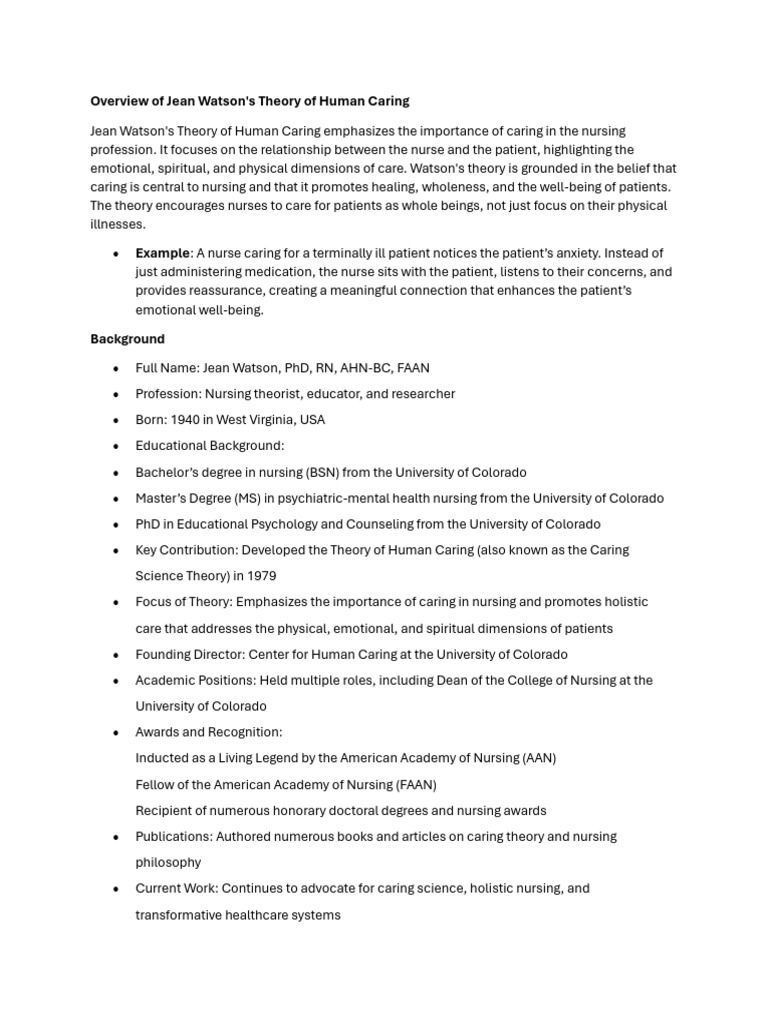 Jean Watson's Human Caring Theory | PDF | Nursing | Empathy