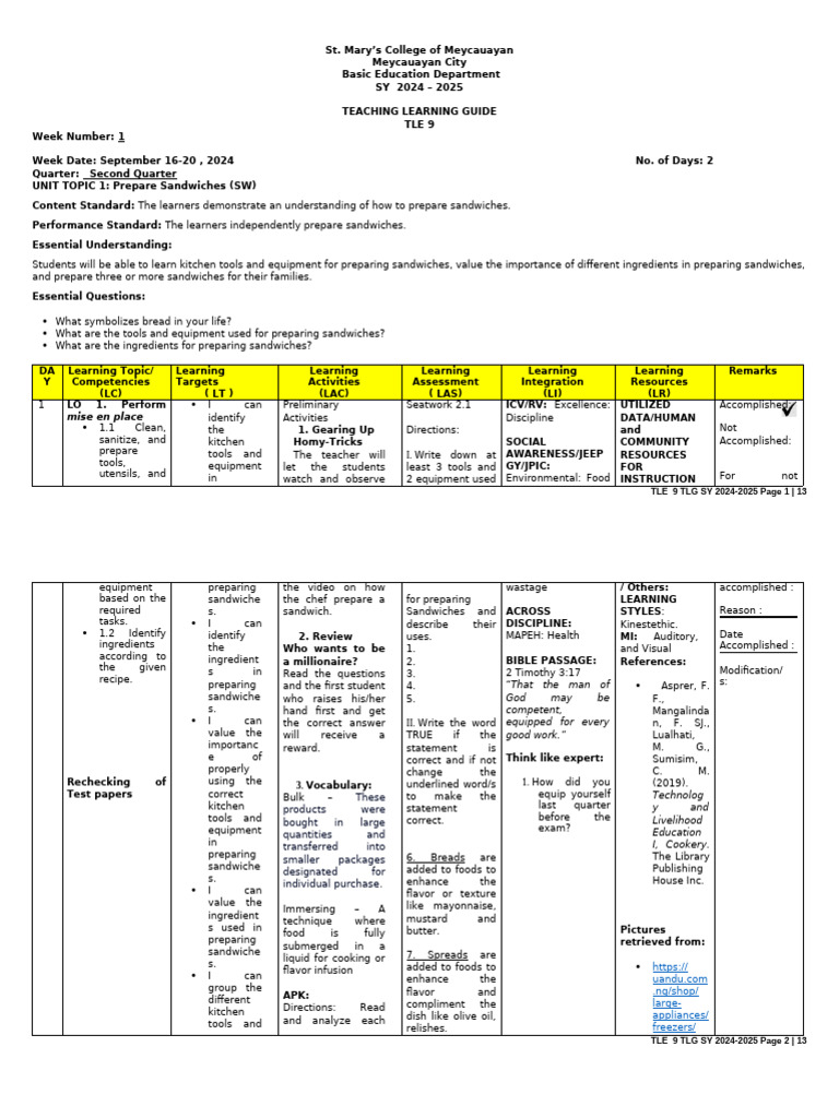 OK-PRIN-TLE G9 Q2 Week1 24-25 | PDF | Sandwich | Grilling