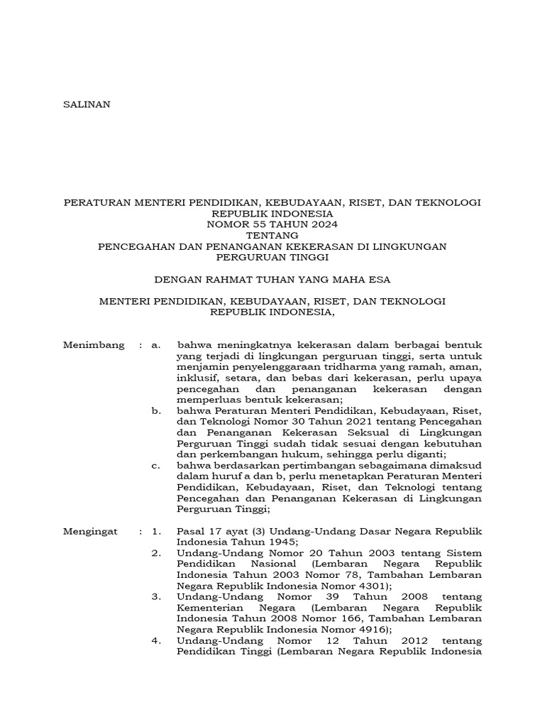Salinan - Salinan Permen Nomor 55 Tahun 2024 PPKPT | PDF | Ilmu Sosial
