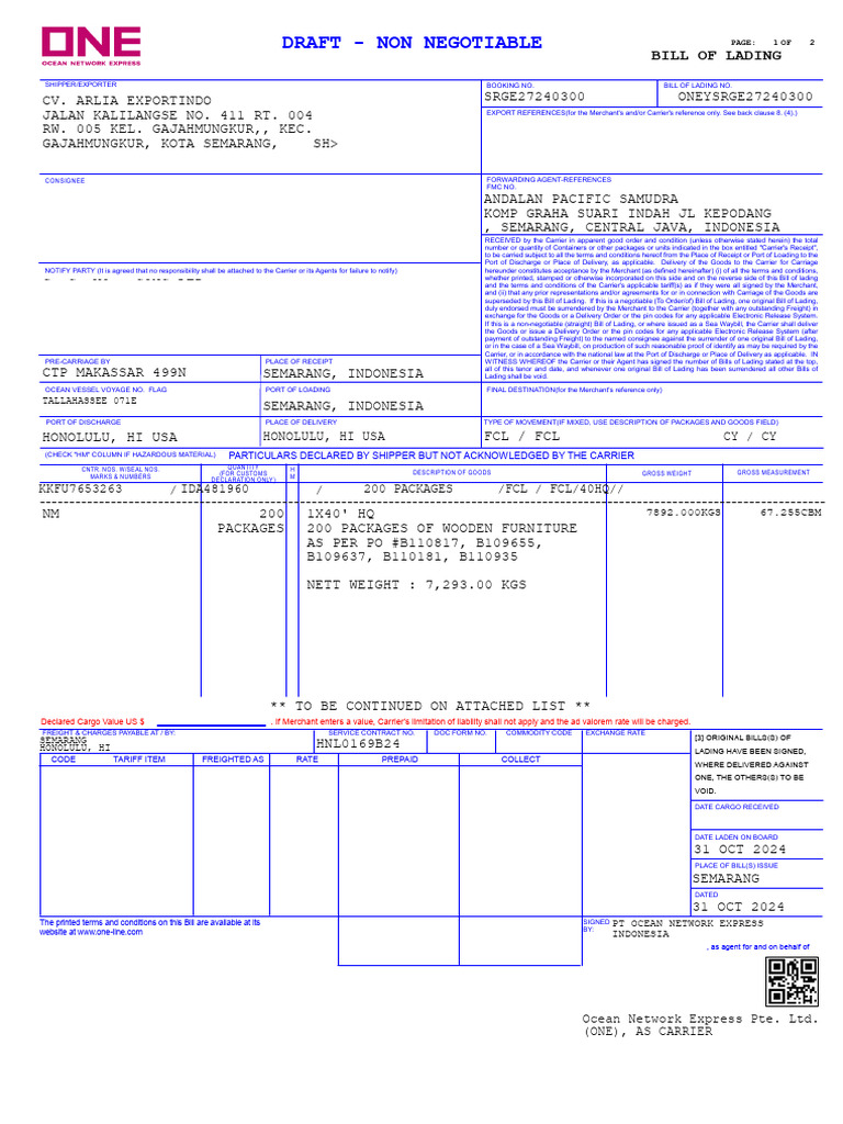 CONTOH BL ONEYSRGE27240300 - Draft - 02 | PDF | Bill Of Lading | Cargo